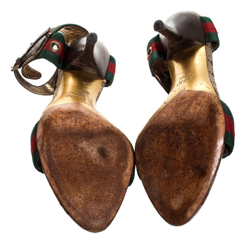 Gucci Green/Red Web Brown Leather Embellished Ankle Strap Sandals Size ...