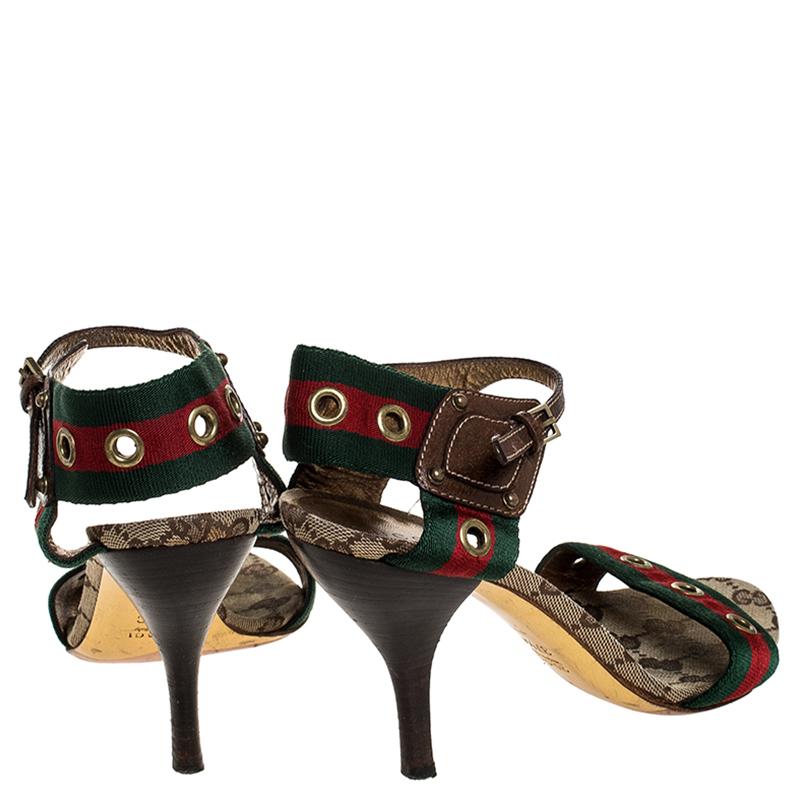 Gucci Green/Red Web Brown Leather Embellished Ankle Strap Sandals Size ...