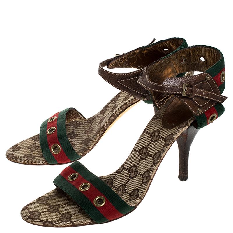 Gucci Green/Red Web Brown Leather Embellished Ankle Strap Sandals Size ...