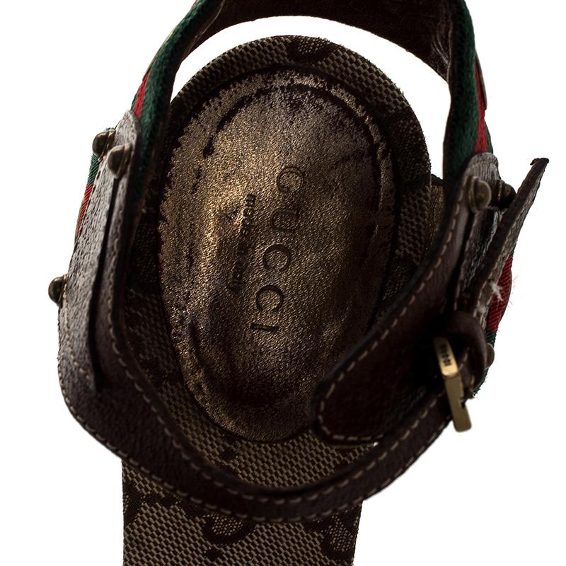 Gucci Green/Red Web Brown Leather Embellished Ankle Strap Sandals Size ...