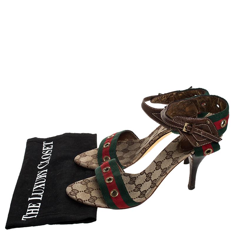 Gucci Green/Red Web Brown Leather Embellished Ankle Strap Sandals Size ...