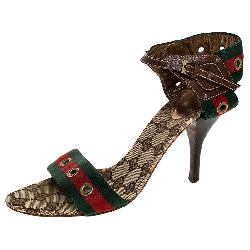 Gucci Green/Red Web Brown Leather Embellished Ankle Strap Sandals Size ...