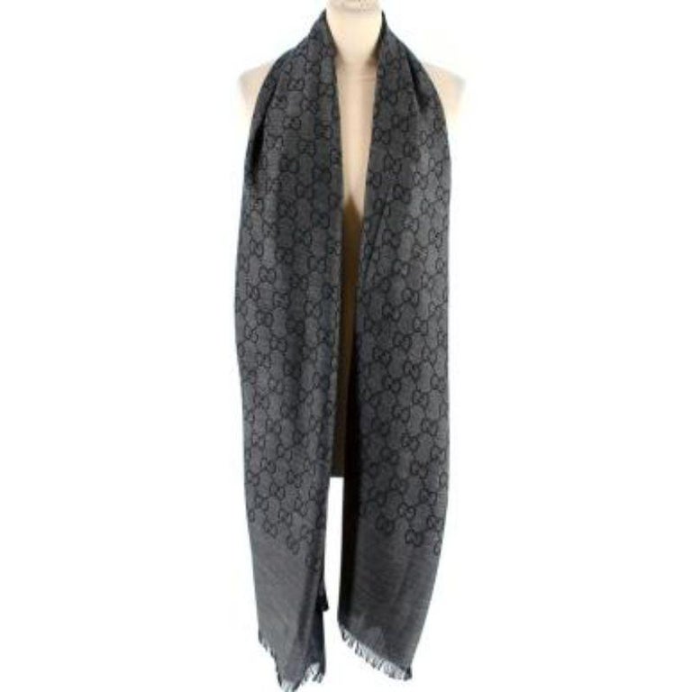 Gucci Grey and Black Wool and Silk Monogram Scarf For Sale at 1stDibs