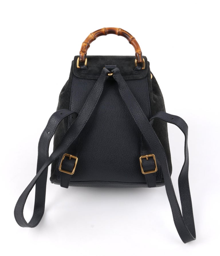 GUCCI Grey-Blue Suede and Leather Bamboo Handle Mini Drawstring ...