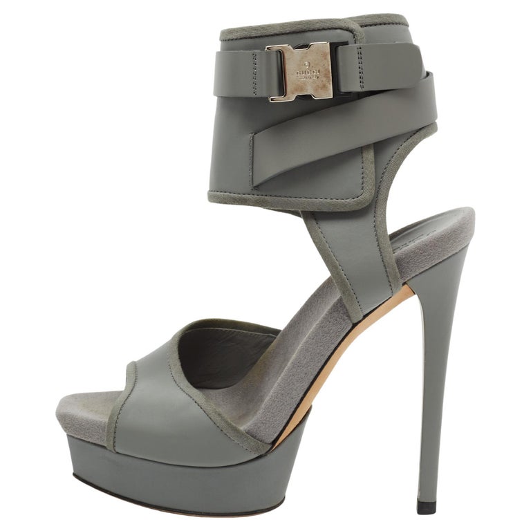 Gucci Grey Leather and Fabric Trim Gail Ankle Cuff Platform Sandals ...