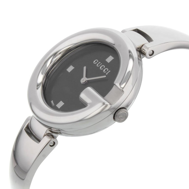 Gucci Guccissima Steel Black Dial Oval Quartz Ladies Bangle Watch ...