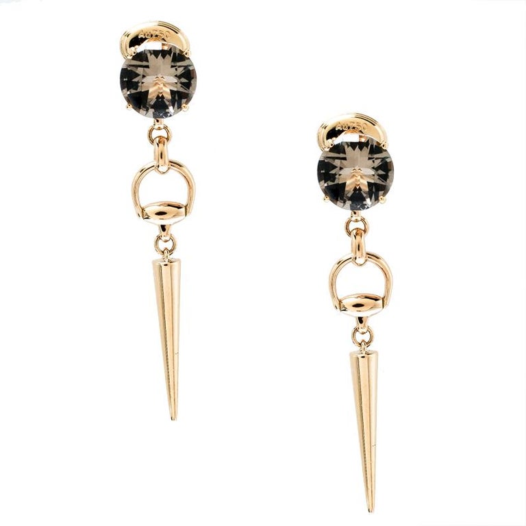 Gucci Horsebit Smoky Quartz 18k Yellow Gold Spike Drop Earrings For ...