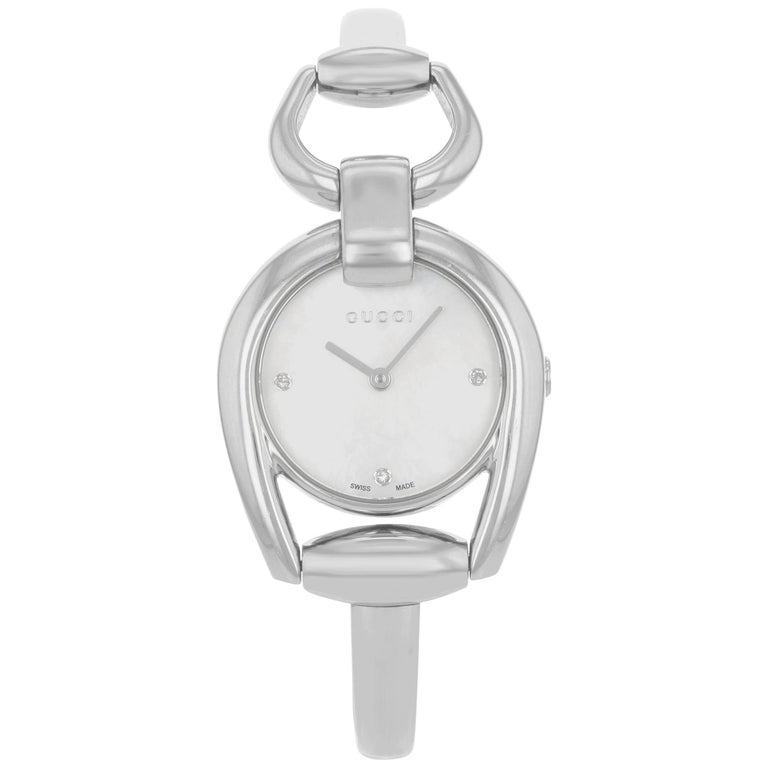 Gucci Horsebit Stainless Steel Mother of Pearl Dial Quartz Ladies Watch ...