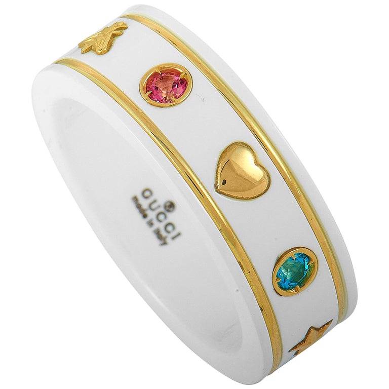 Gucci Icon 18 Karat Yellow Gold White Zirconia and Colored Topaz Band ...