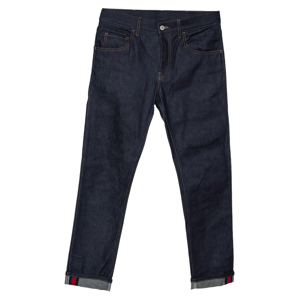 Gucci Indigo Denim Web Stripe Cuff Detail Tapered Jeans M at 1stDibs