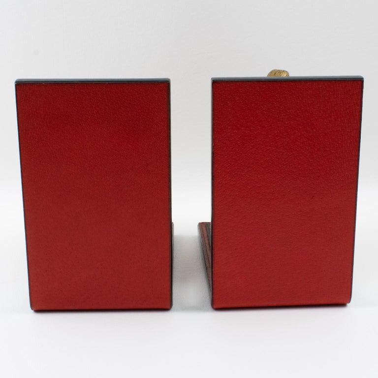 Gucci Italy Hand-Stitched Red Leather Bookends with Gilt Metal ...