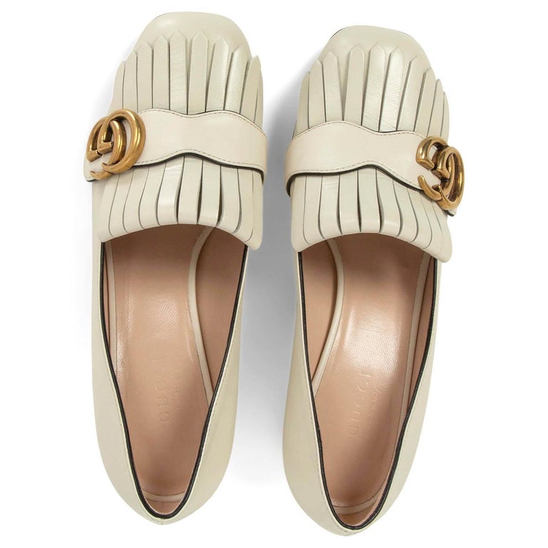 GUCCI ivory leather GG MARMONT FRINGE BLOCK HEEL Pumps Shoes 36 at 1stDibs