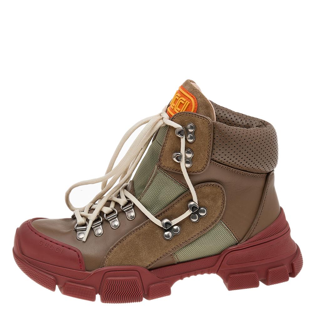 Gucci Khaki/Brick Red Leather and Nylon Flashtrek Sneakers Size 38.5 at ...
