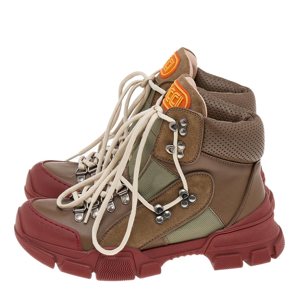 Gucci Khaki/Brick Red Leather and Nylon Flashtrek Sneakers Size 38.5 at ...