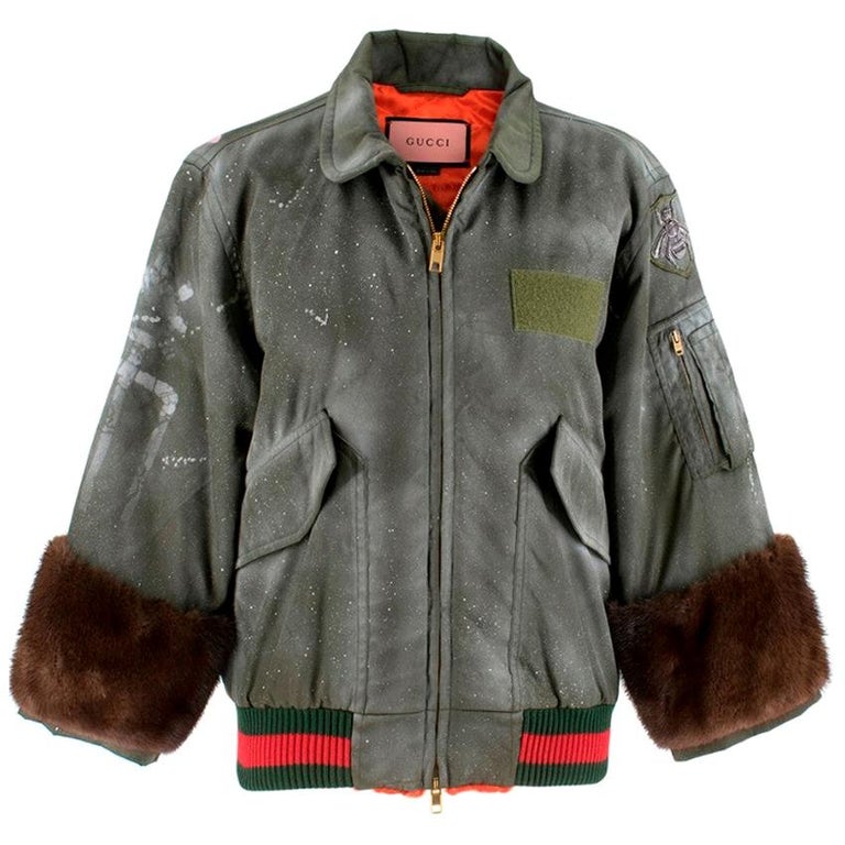 Gucci Khaki Spray Painted Bomber Jacket W/ Mink Fur Cuffs XS 38 at ...