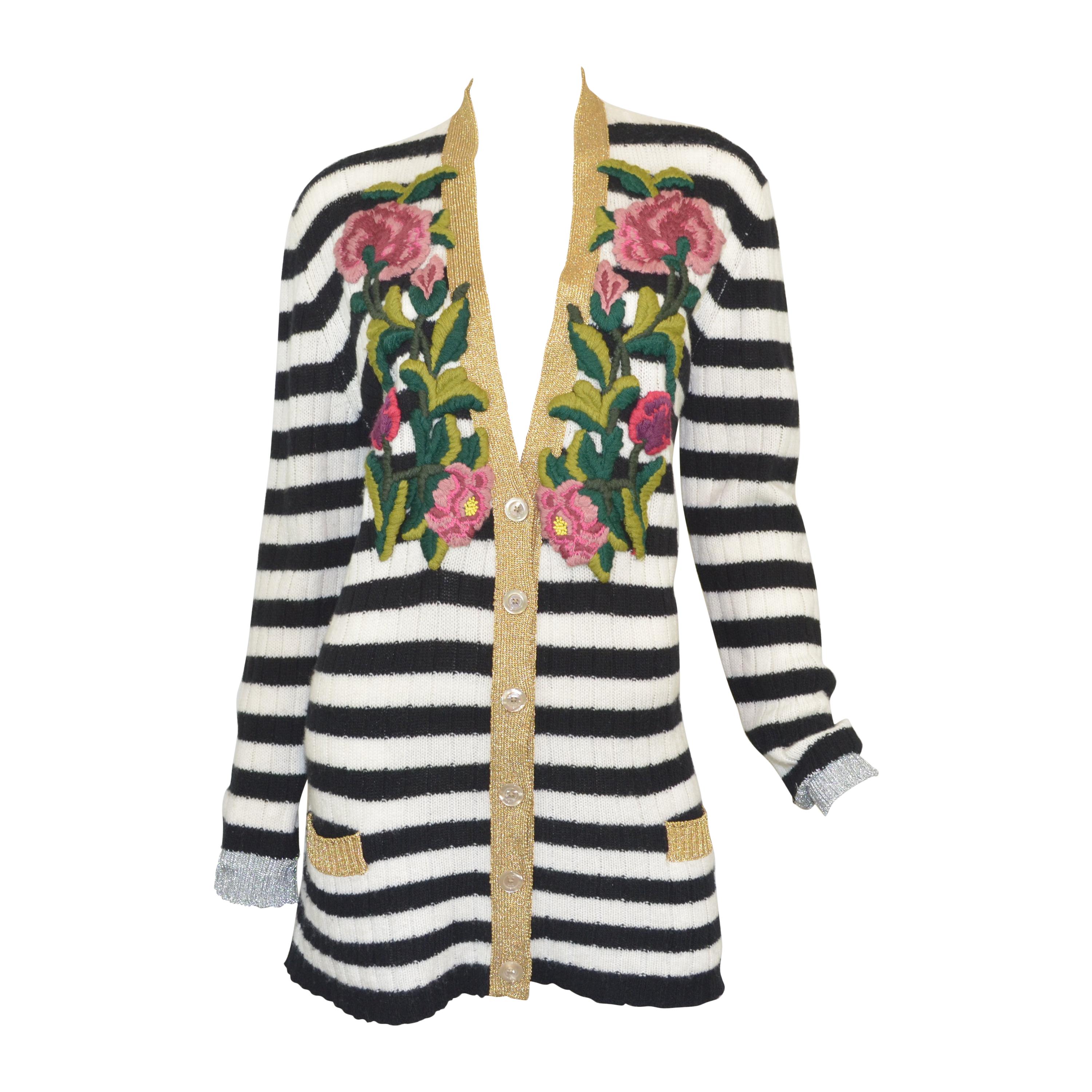 Gucci Knit Cardigan Sweater with Floral Embroidery at 1stDibs