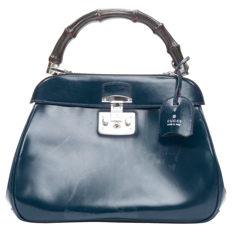 GUCCI Lady Lock navy blue smooth leather Bamboo handle lock satchel bag ...