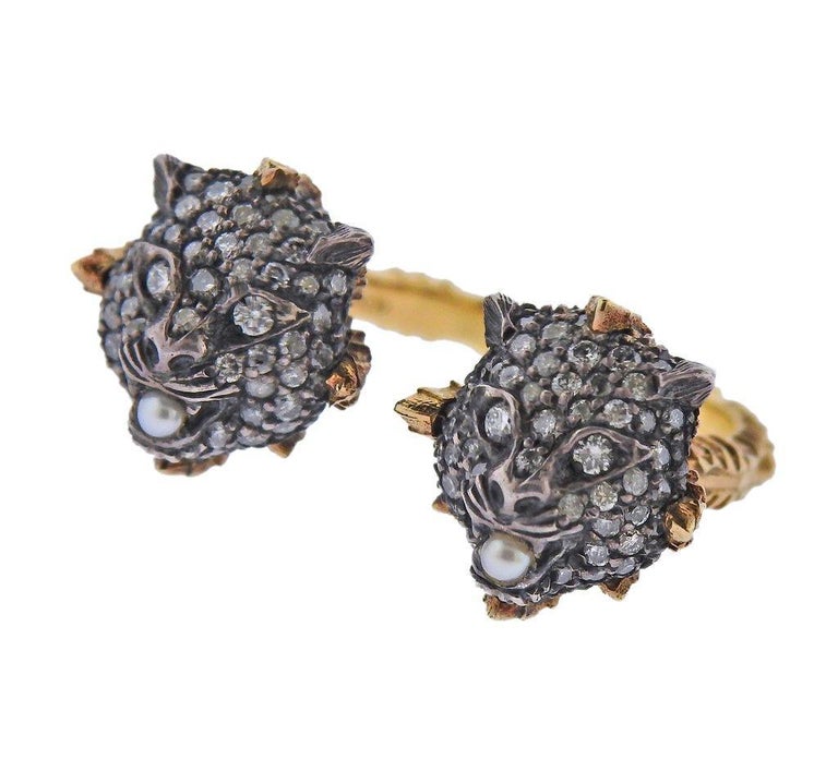 Gucci Le Marche Des Marveilles Gold Silver Diamond Feline Head Ring For ...