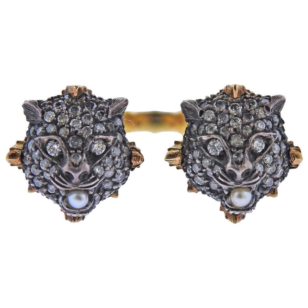 Gucci Le Marche Des Marveilles Gold Silver Diamond Feline Head Ring For ...