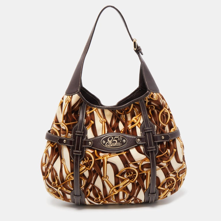 Gucci Leather And Horsebit Print Velvet 85th Anniversary Brit Hobo For ...