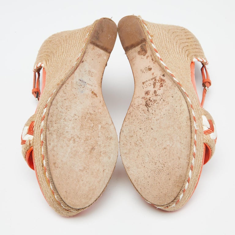 Gucci Leather And Raffia Woven Tiffany Espadrille Wedge Sandals Size 38 ...