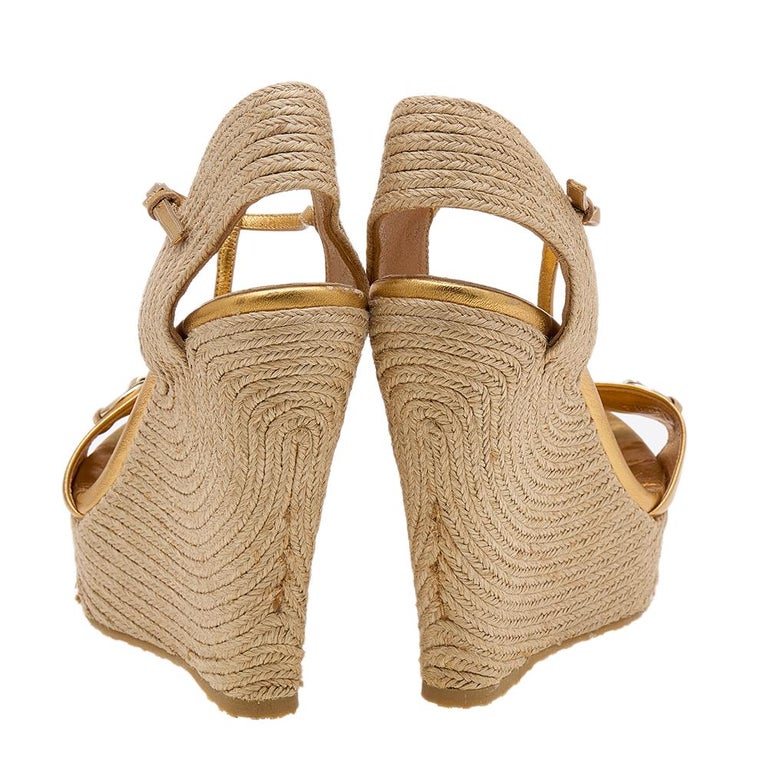 Gucci Leather Horsebit T-Strap Espadrille Platform Wedge Sandals Size ...