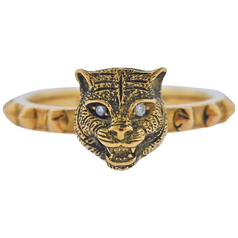 Gucci Les Marches Des Marseilles Gold Diamond Feline Head Studded Ring ...