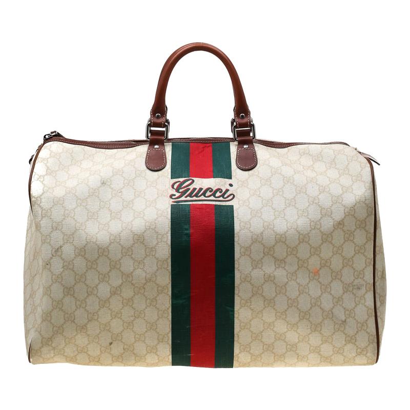 Gucci Light Beige GG Supreme Coated Canvas Web Duffle Bag For Sale at ...
