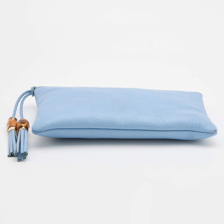 Gucci Light Blue Leather Bamboo Tassel Clutch For Sale at 1stDibs