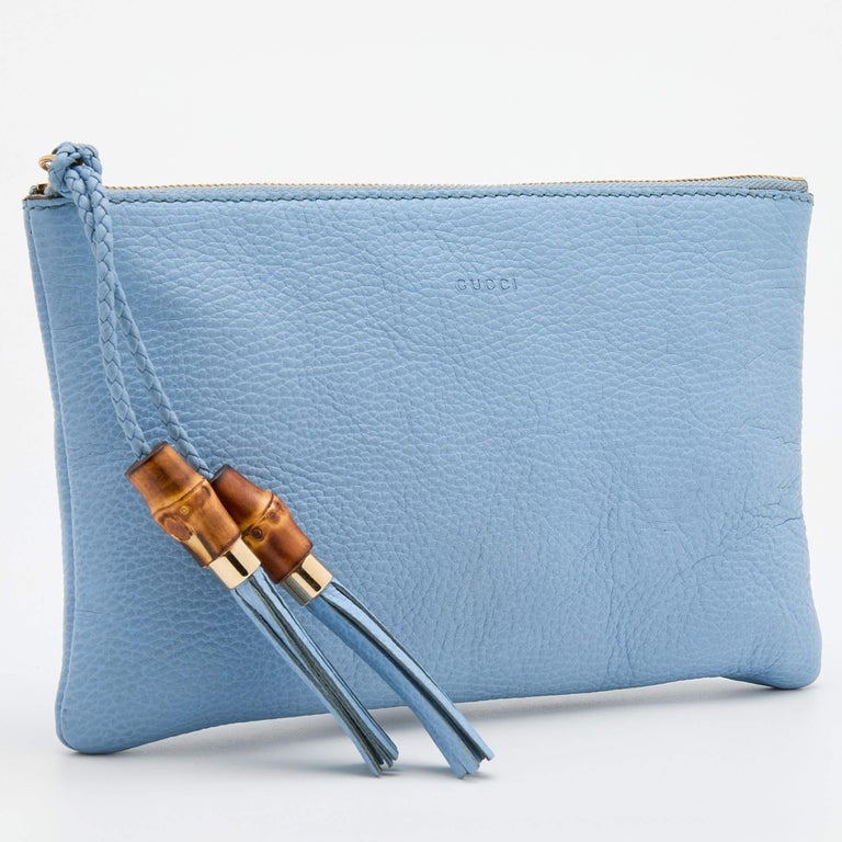 Gucci Light Blue Leather Bamboo Tassel Clutch For Sale at 1stDibs