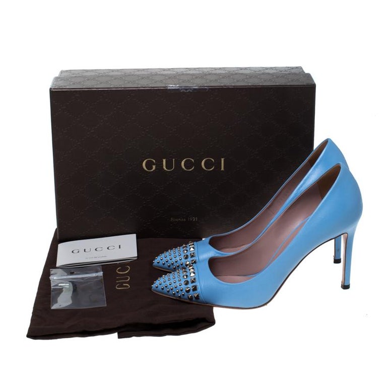 Gucci Light Blue Leather Coline Studded Pointed Pumps Size 37 at ...