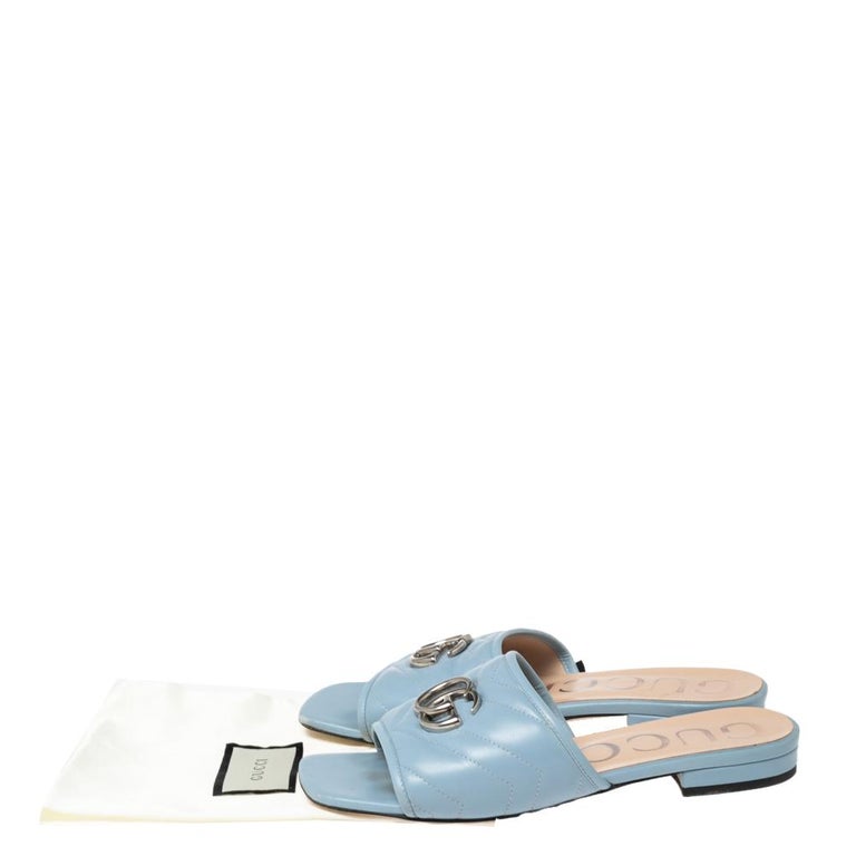 Gucci Light Blue Quilted Leather Jolie Logo Slides Size 36 at 1stDibs