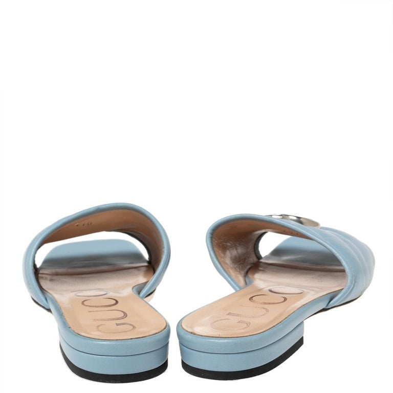 Gucci Light Blue Quilted Leather Jolie Logo Slides Size 36 at 1stDibs