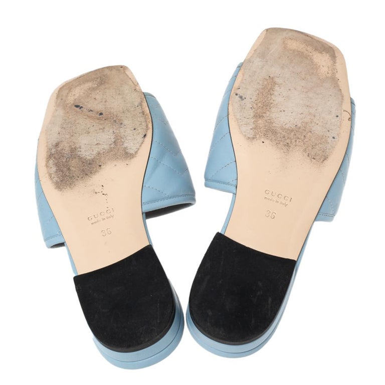 Gucci Light Blue Quilted Leather Jolie Logo Slides Size 36 at 1stDibs