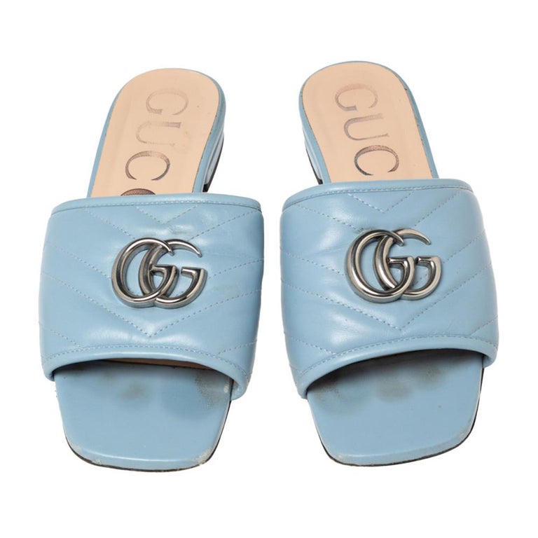 Gucci Light Blue Quilted Leather Jolie Logo Slides Size 36 at 1stDibs