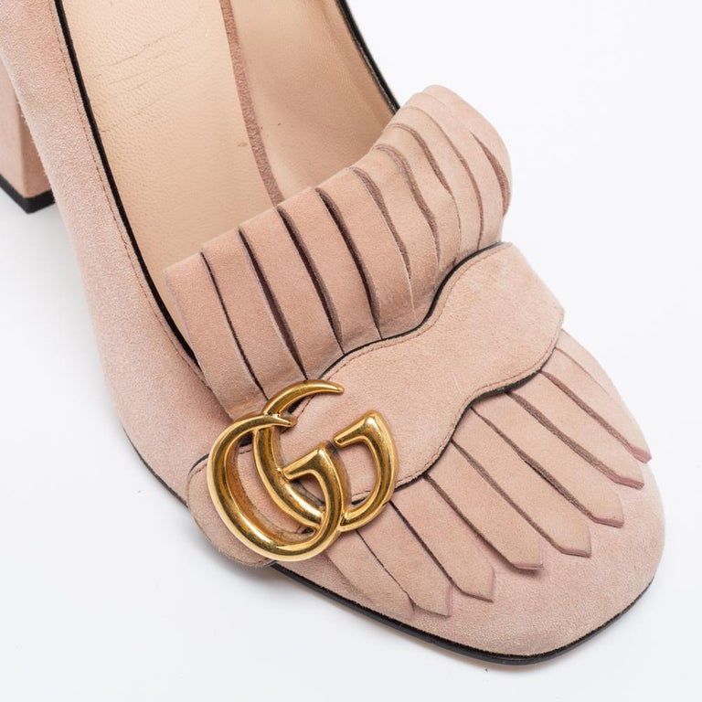 Gucci Light Pink Suede GG Marmont Fringe Pumps Size 37 For Sale at 1stDibs