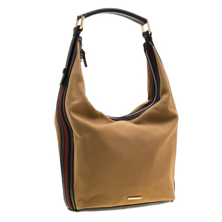 Gucci Light Yellow Fabric And Leather Web Stripe Hobo For Sale at 1stDibs