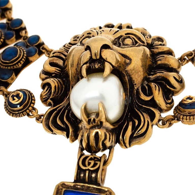 Gucci Lion Head Faux Pearl Antique Gold Tone Chunky Necklace at 1stDibs