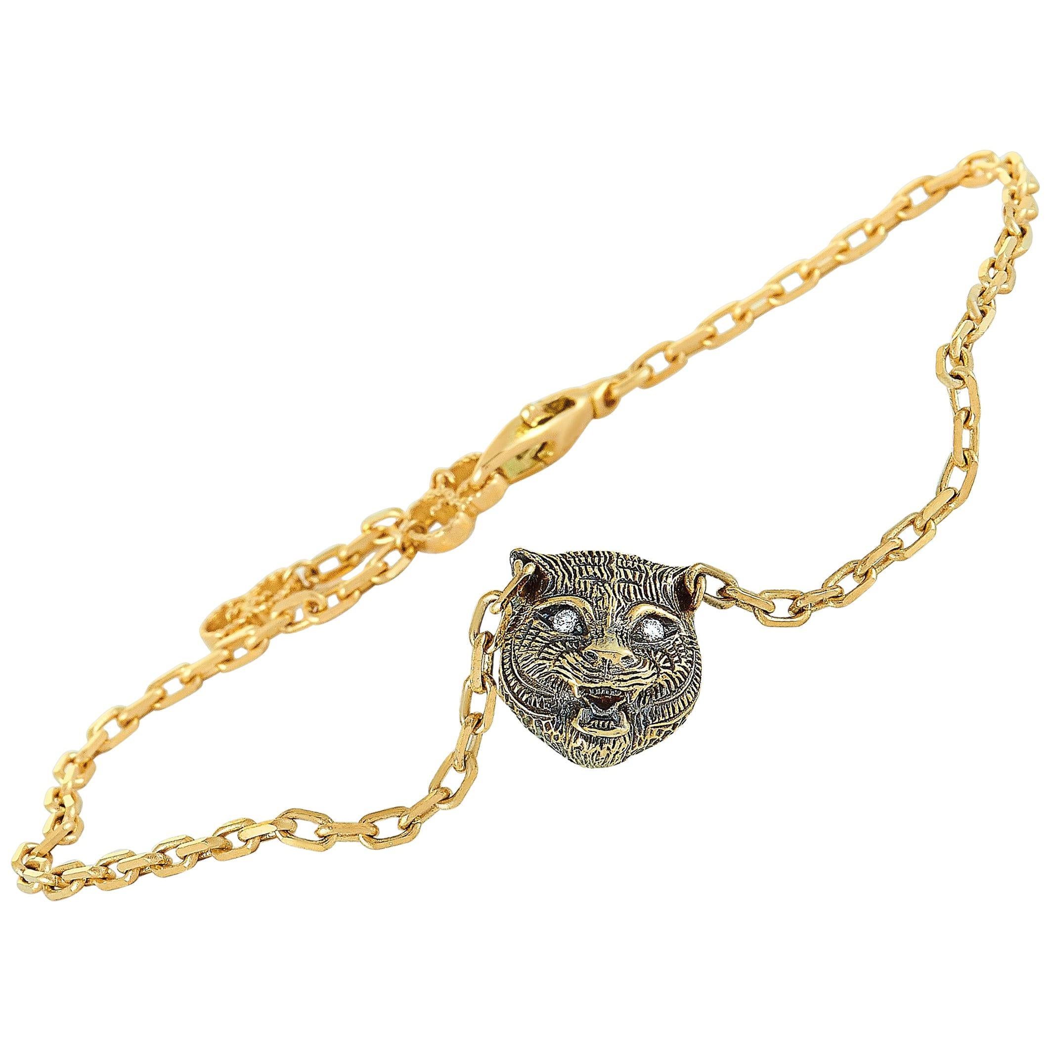 Gucci LMDM 18 Karat Yellow Gold Diamond and Jade Feline Motif Charm ...