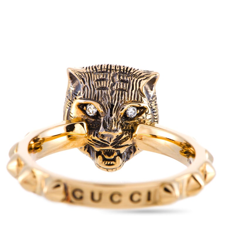 Gucci LMDM 18 Karat Yellow Gold Diamond and Jade Feline Motif Ring at ...