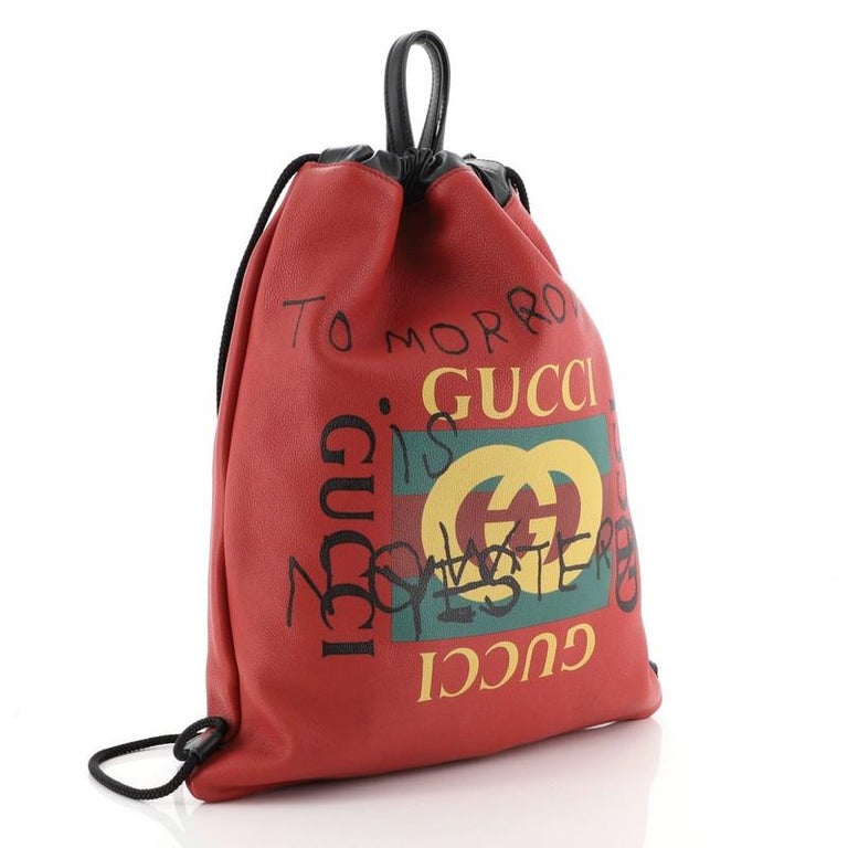 Gucci Logo Drawstring Backpack Printed Leather Large at 1stDibs