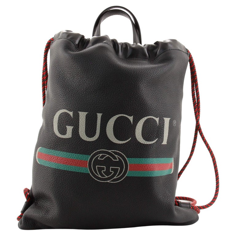 Gucci Logo Drawstring Backpack Printed Leather Medium For Sale at 1stDibs