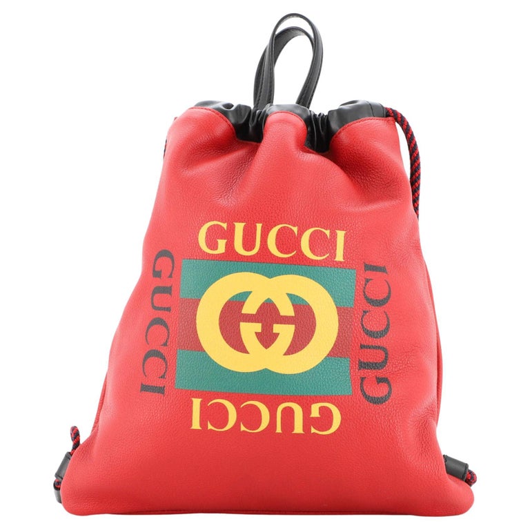 Gucci Logo Drawstring Backpack Printed Leather Medium For Sale at 1stDibs