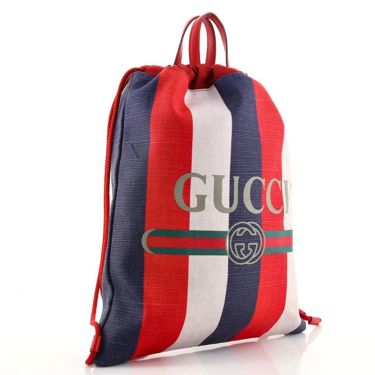 Gucci Logo Drawstring Backpack Striped Canvas Large For Sale at 1stDibs