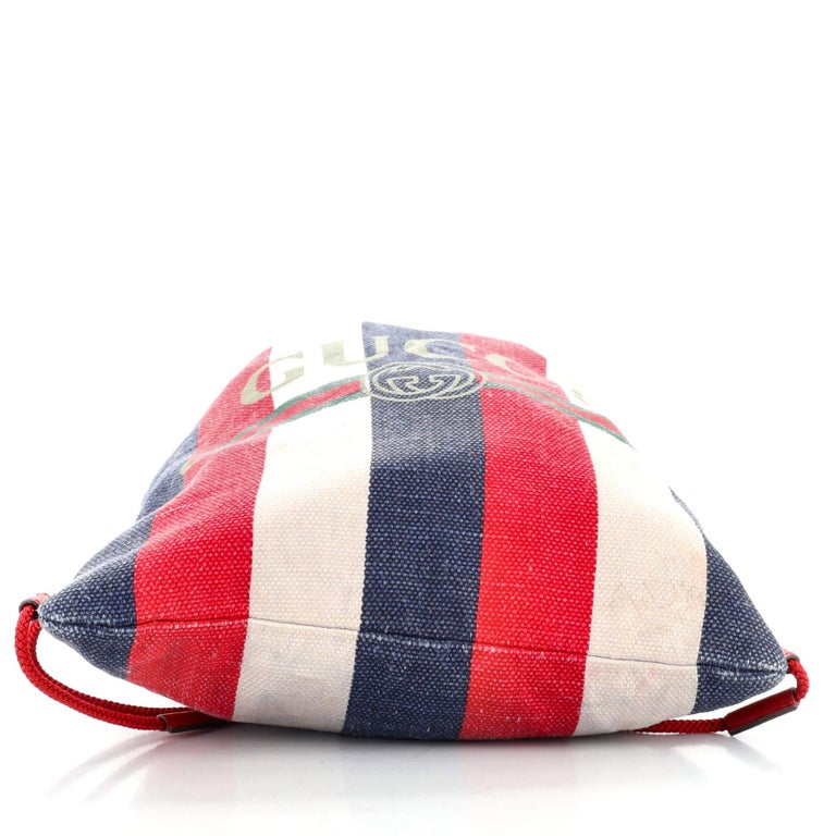 Gucci Logo Drawstring Backpack Striped Canvas Large For Sale at 1stDibs