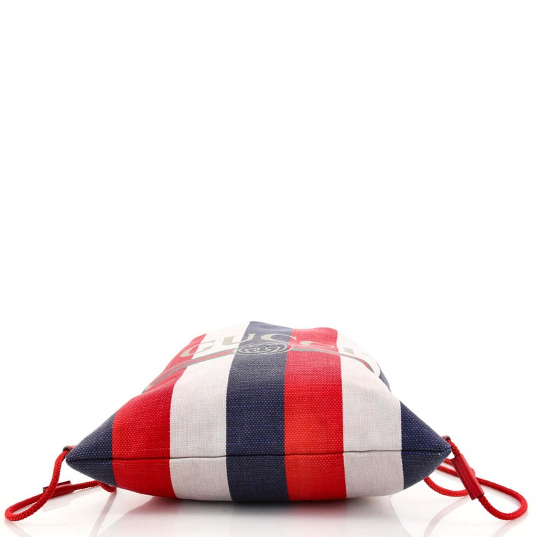 Gucci Logo Drawstring Backpack Striped Canvas Large For Sale at 1stDibs