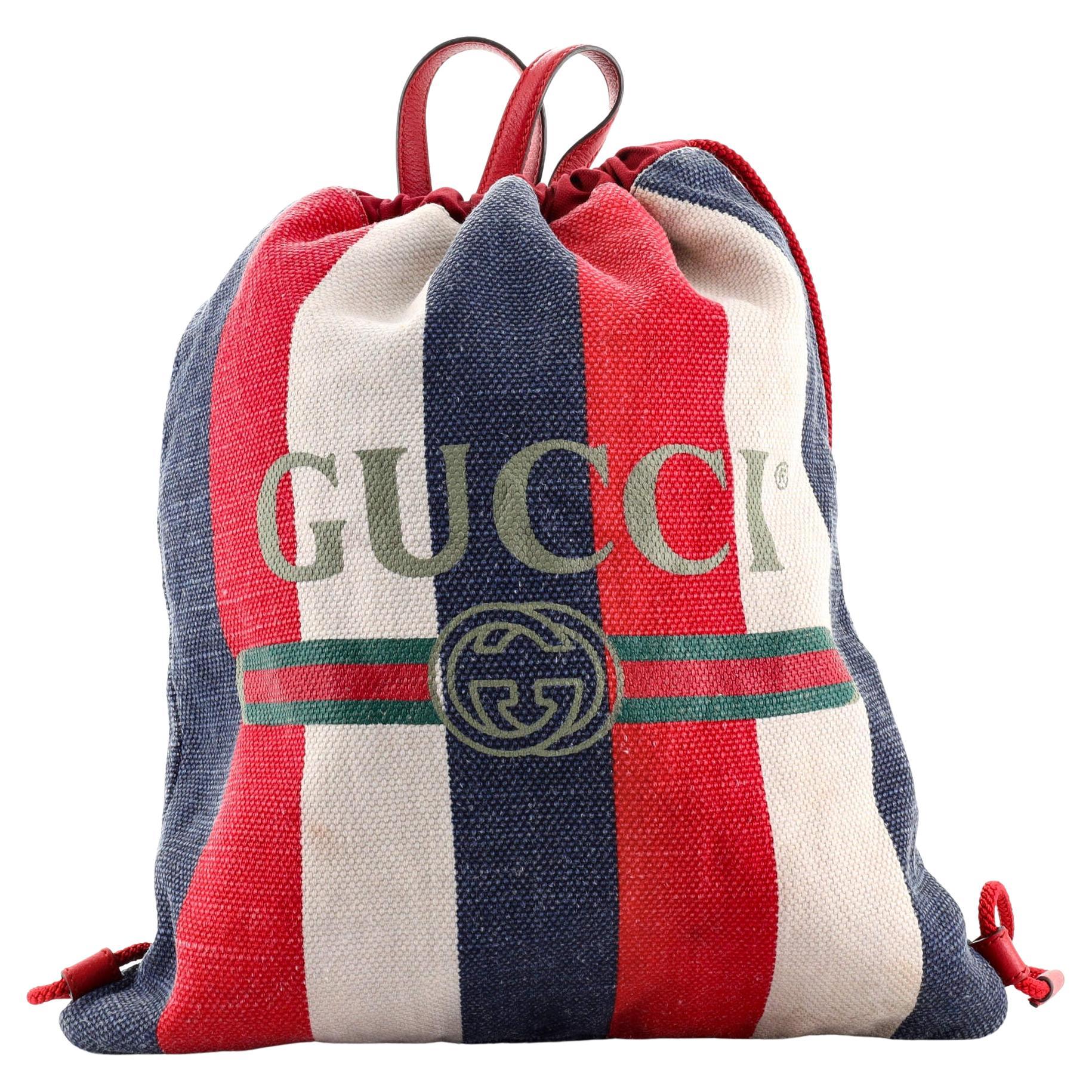 Gucci Logo Drawstring Backpack Striped Canvas Large at 1stDibs