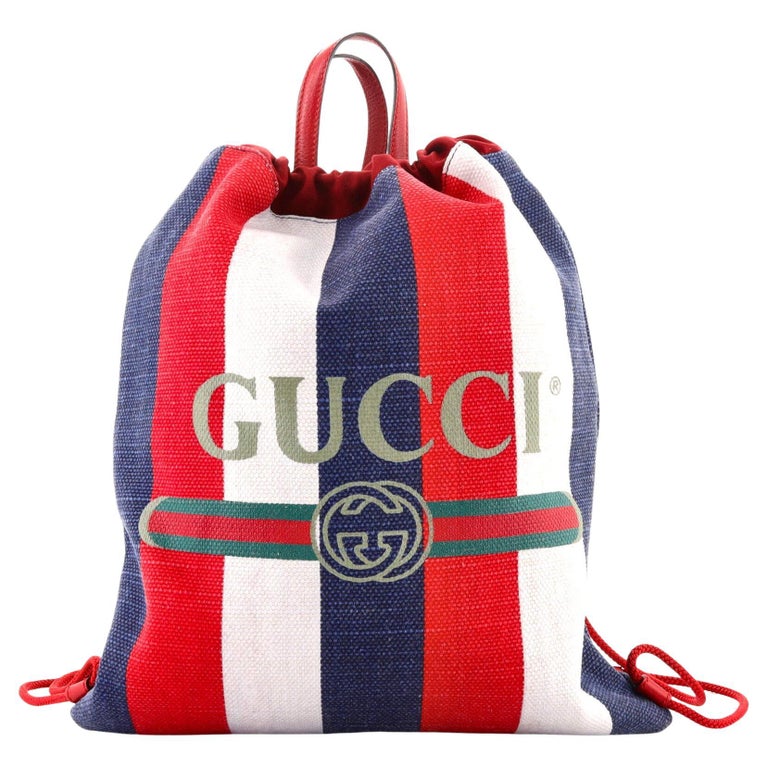 Gucci Logo Drawstring Backpack Striped Canvas Large For Sale at 1stDibs
