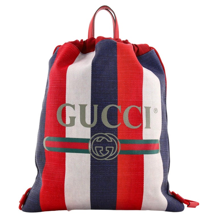 Gucci Logo Drawstring Backpack Striped Canvas Large For Sale at 1stDibs