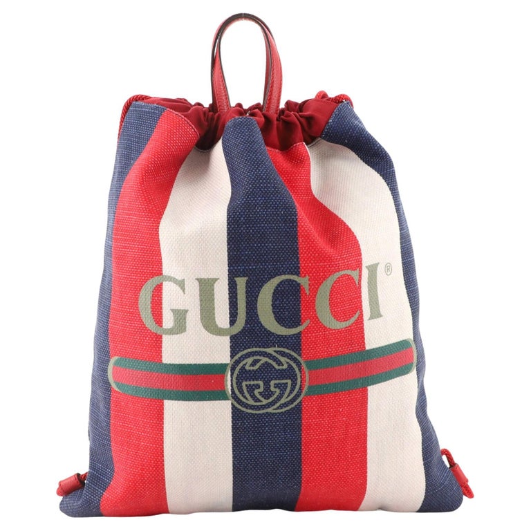 Gucci Logo Drawstring Backpack Striped Canvas Large For Sale at 1stDibs